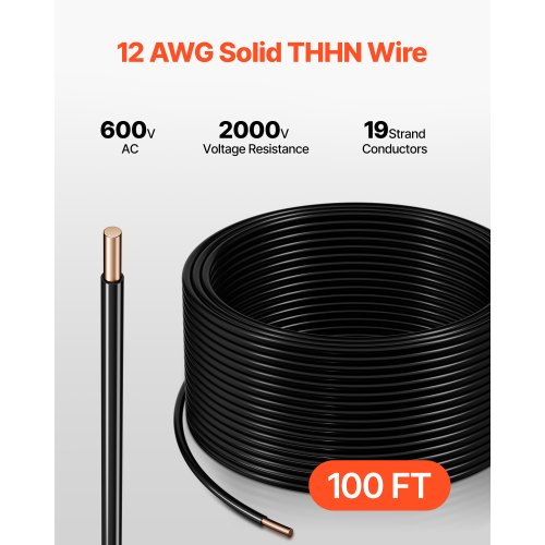 12 Gauge Solid THHN Wire Black Copper Electrical Building Wire PVC ...