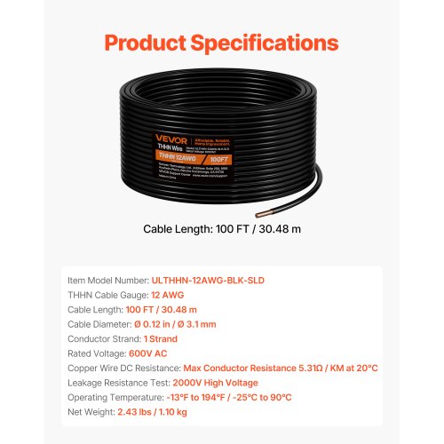 12 Gauge Solid THHN Wire Black Copper Electrical Building Wire PVC ...