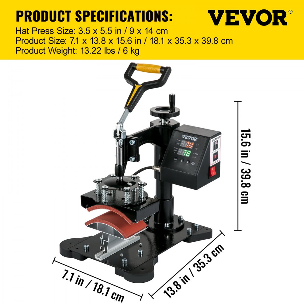 VEVOR Cap Press, 3.1 x 5.5 inch Hat Press Machine, Dual Digital Control ...