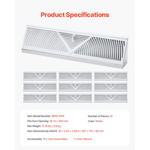 Floor Registers 18-Inch 10-Pack Floor Vents for HVAC Baseboard ...