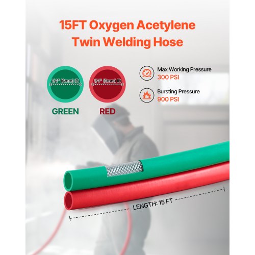Oxygen Acetylene Hose 1/4-Inch x 15FT T Grade Hose 300PSI Max Working ...