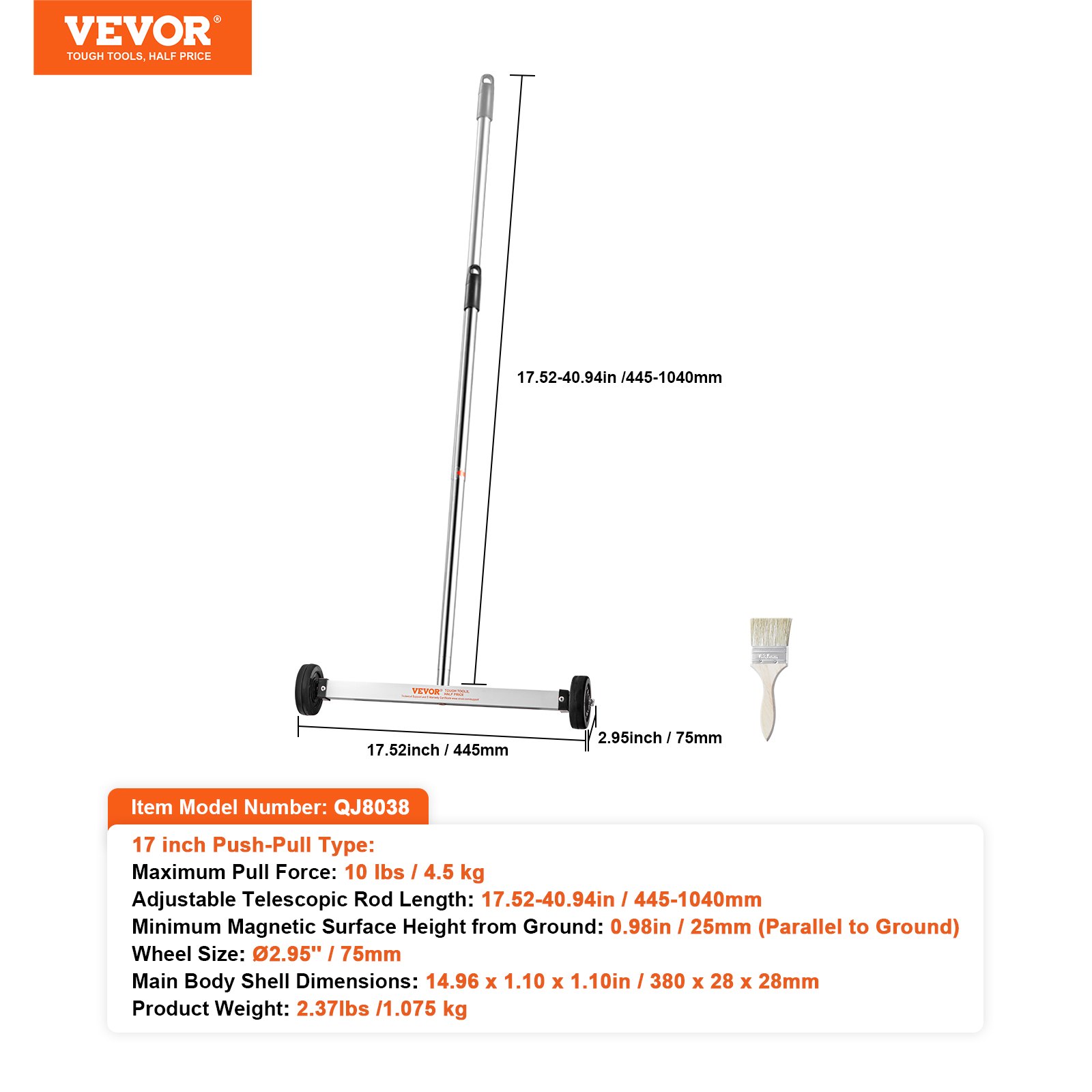 VEVOR Magnetic Sweeper with Wheels, 17inch Mini Magnetic Sweeper, 10 ...
