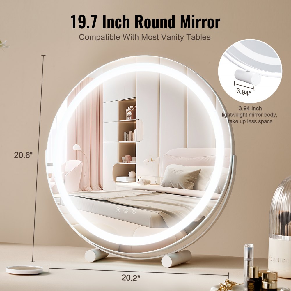VEVOR 20” Vanity Mirror With Lights LED Makeup Round w/ Smart Touch for ...
