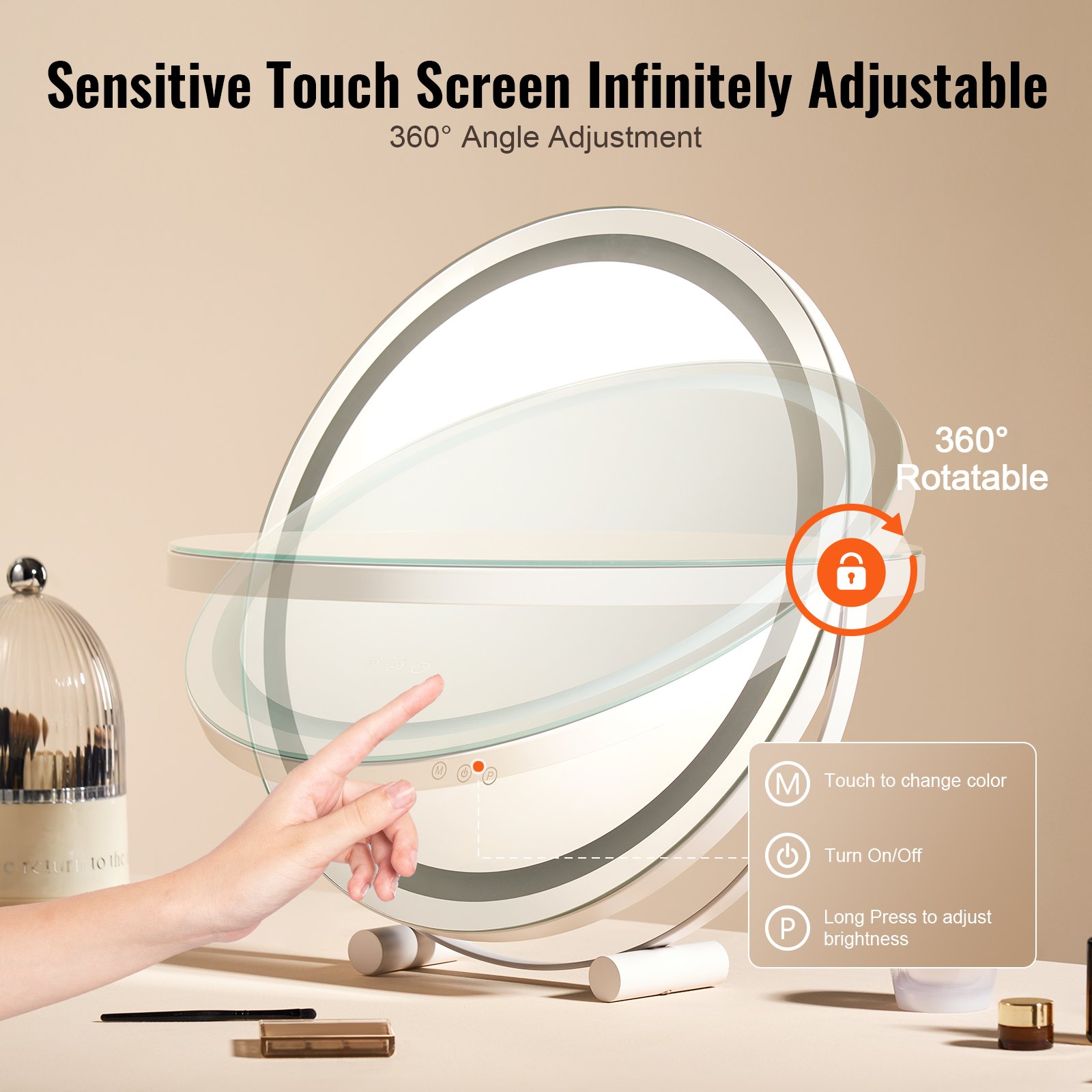 VEVOR 20” Vanity Mirror With Lights LED Makeup Round w/ Smart Touch for ...