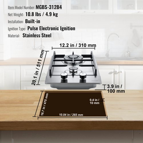 VEVOR Gas Cooktop 12 inch, Max 12250BTU 2 Burners Built-in Stainless ...