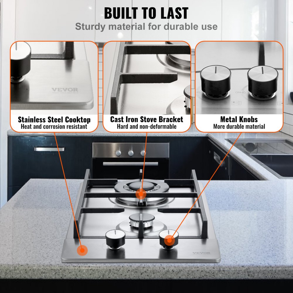 VEVOR Gas Cooktop 12 inch, Max 12250BTU 2 Burners Built-in Stainless ...