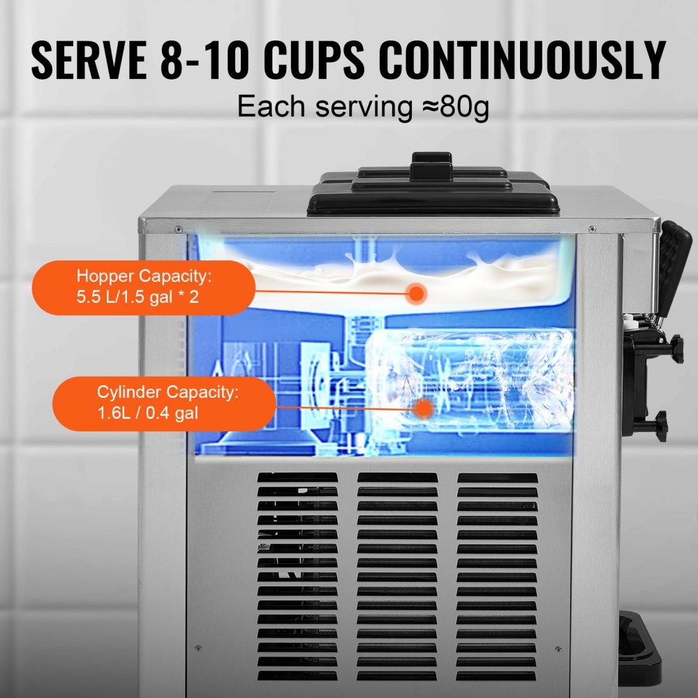 VEVOR Commercial Ice Cream Machine, 18-28 L/H Yield, 1850W 3-Flavor ...