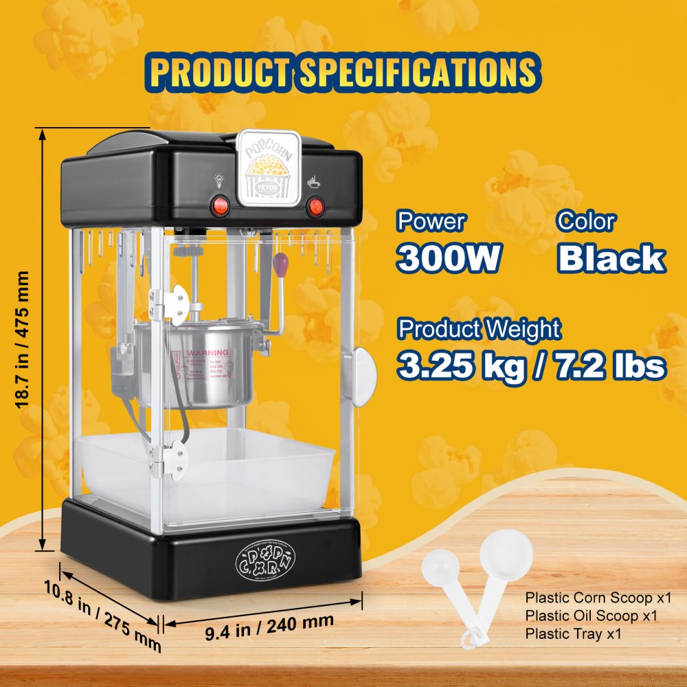 VEVOR 2.5 Oz Popcorn Maker – 4QT, 2 Scoops, 300W Tabletop