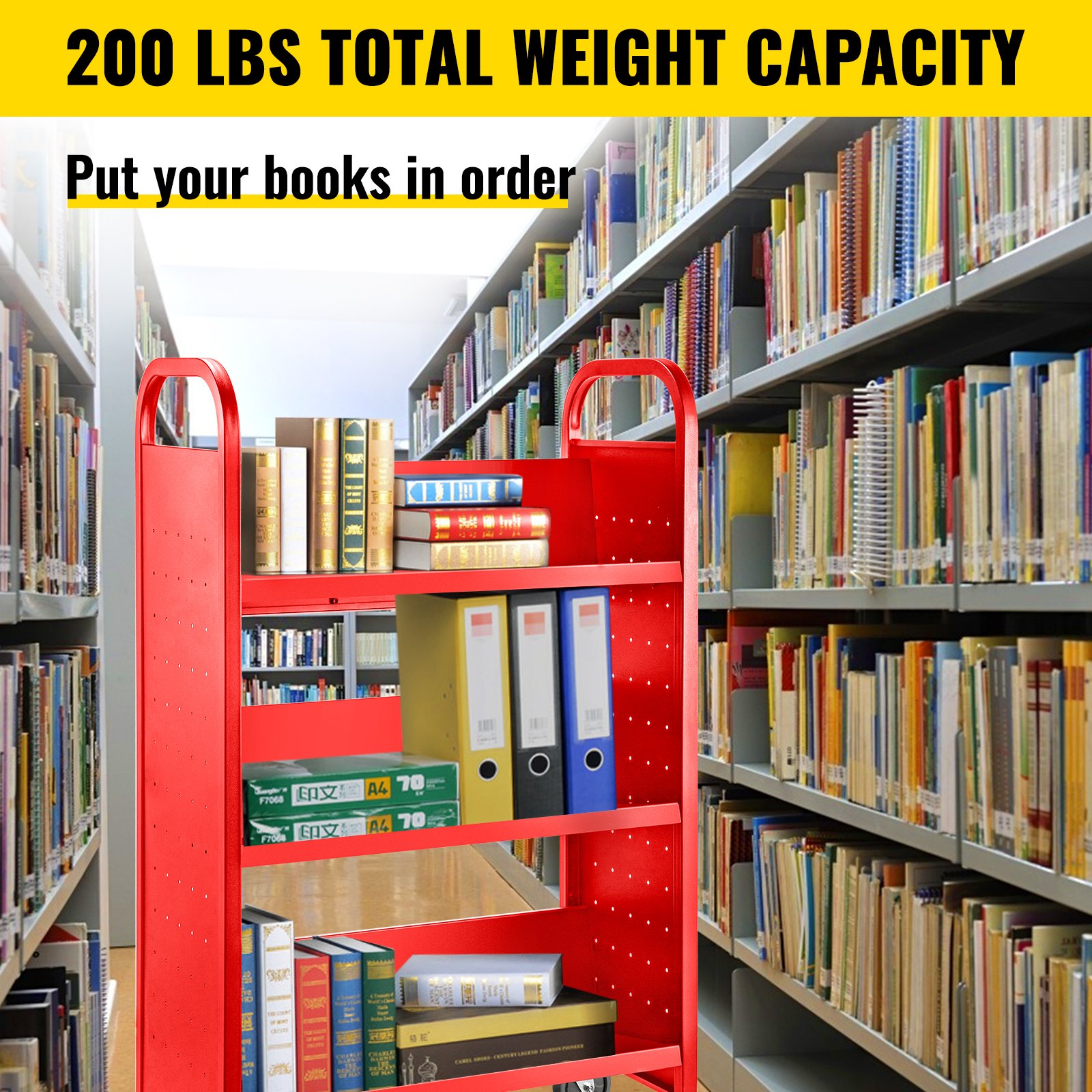 VEVOR Book Cart, 200LBS Library Cart, 49.2''x29.5''x13.8'' Rolling Book ...