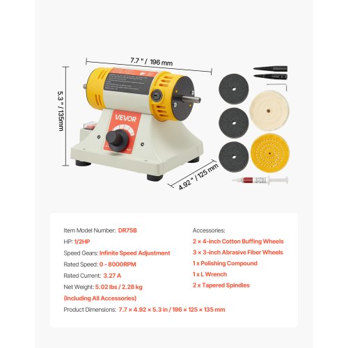 VEVOR 1/2HP Bench Buffer Polisher 0 to 8000RPM with 3-inch & 4-inch ...