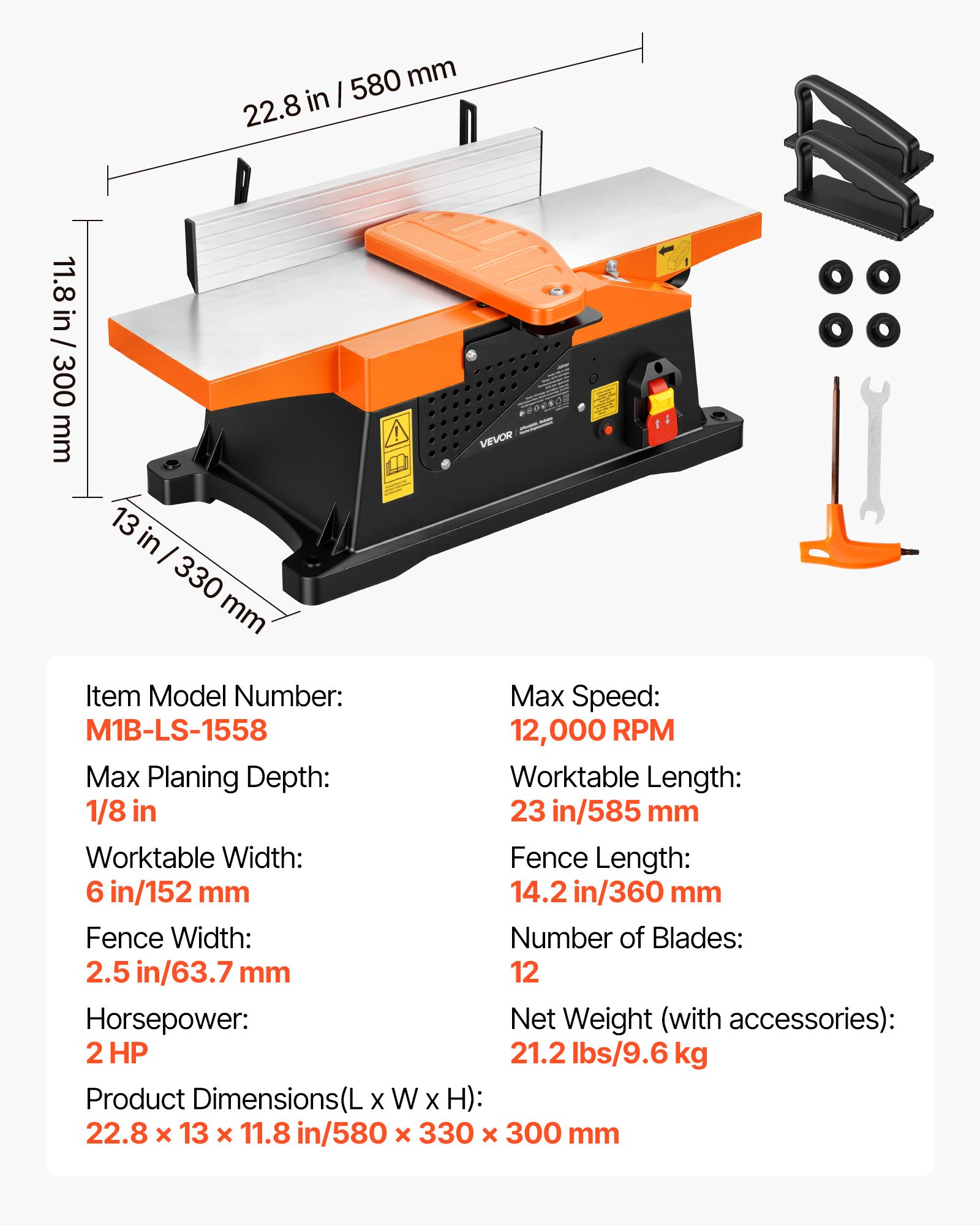 VEVOR 6 Inch Benchtop Jointer – 2000 RPM, 12-Blade Spiral