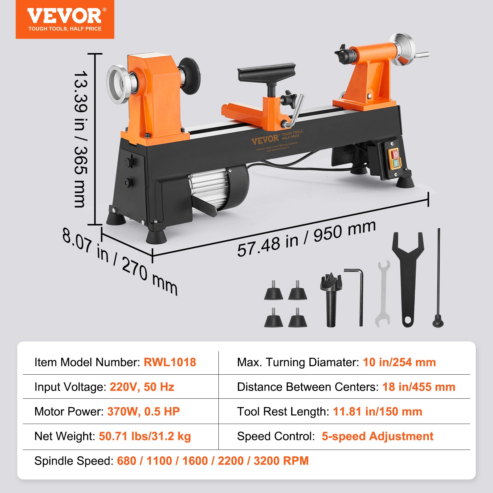 Vevor Benchtop Wood Lathe 10 In X 18 In 05 Hp 370w Power Wood Turning Lathe Machine 5