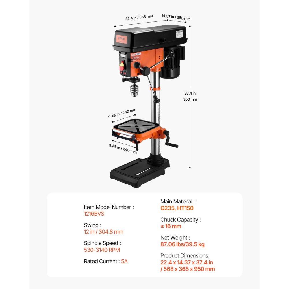 VEVOR 12 in Benchtop Drill Press, 5 Amp 120V, Variable Speed Cast Iron ...
