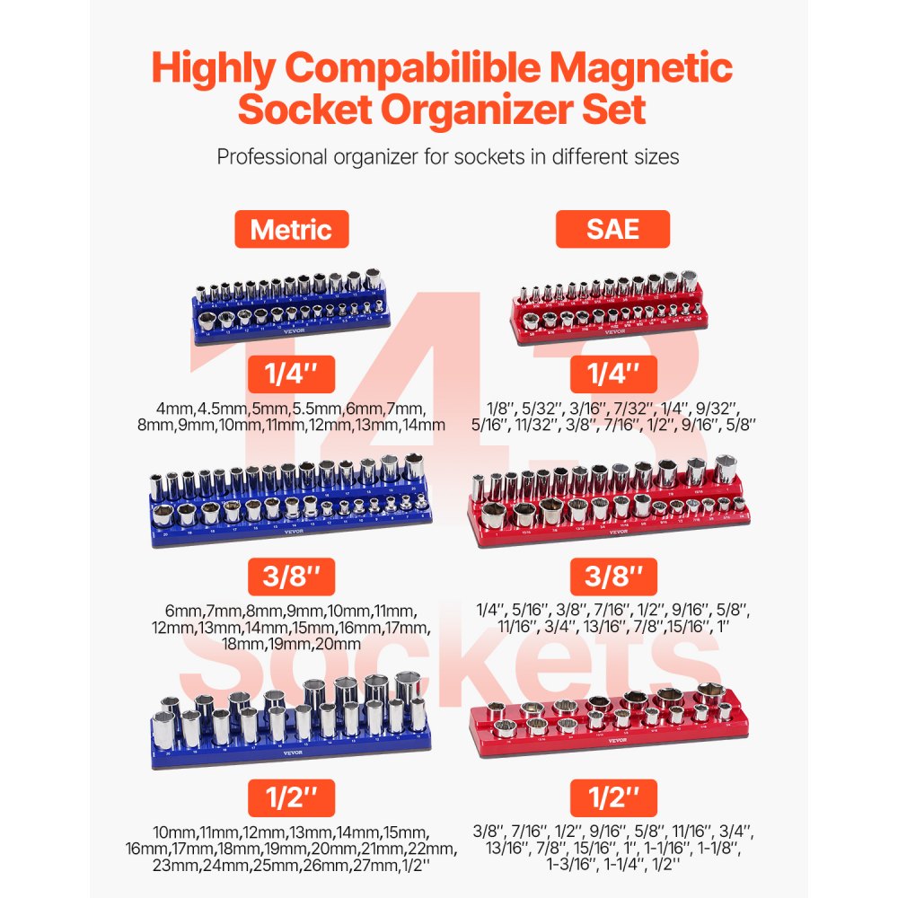 VEVOR Magnetic Socket Organizers – 6PC, 1/4'', 3/8'' & 1/2''