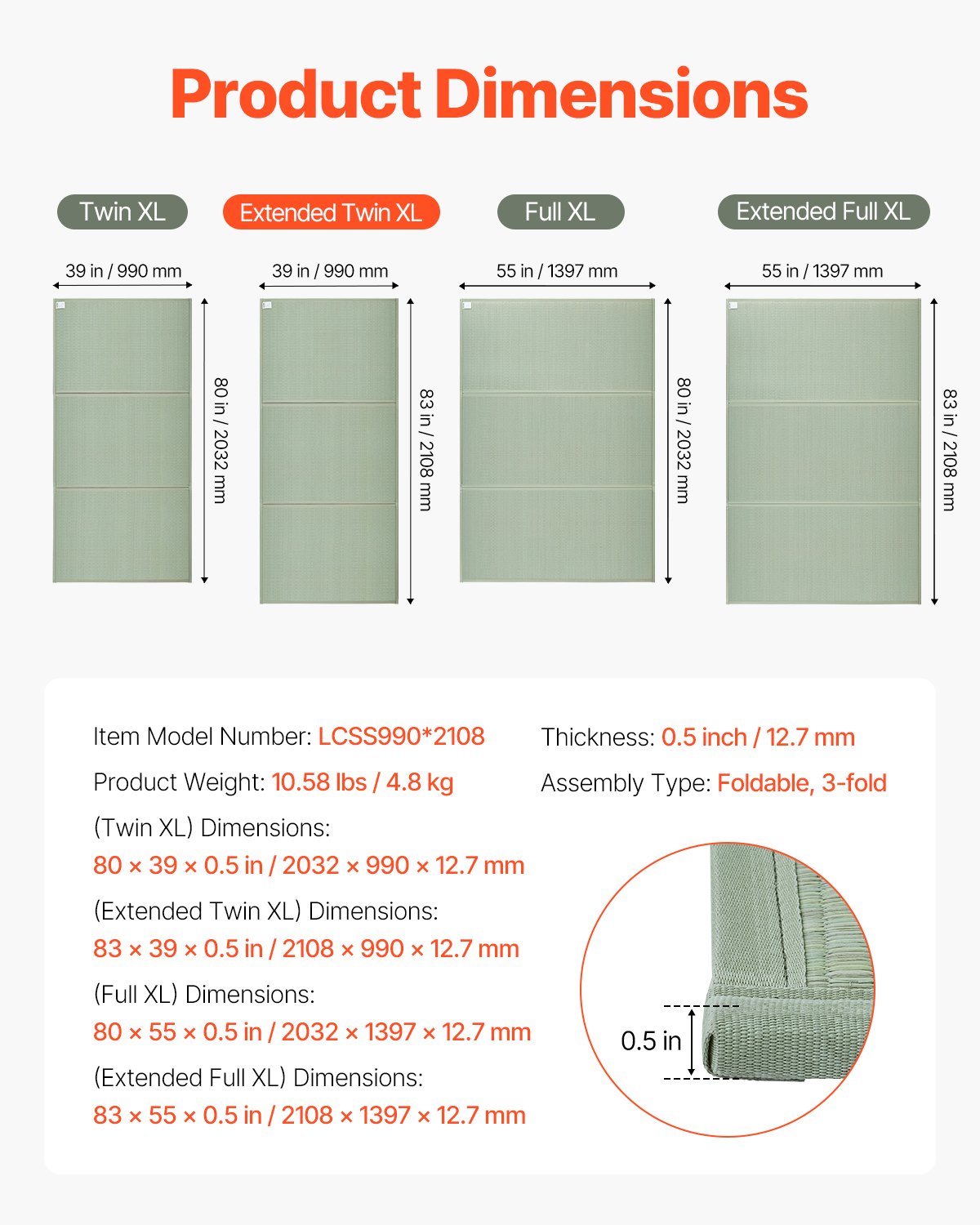 VEVOR Japanese Tatami Mat, Full Size Foldable Japanese Tatami Mattress ...