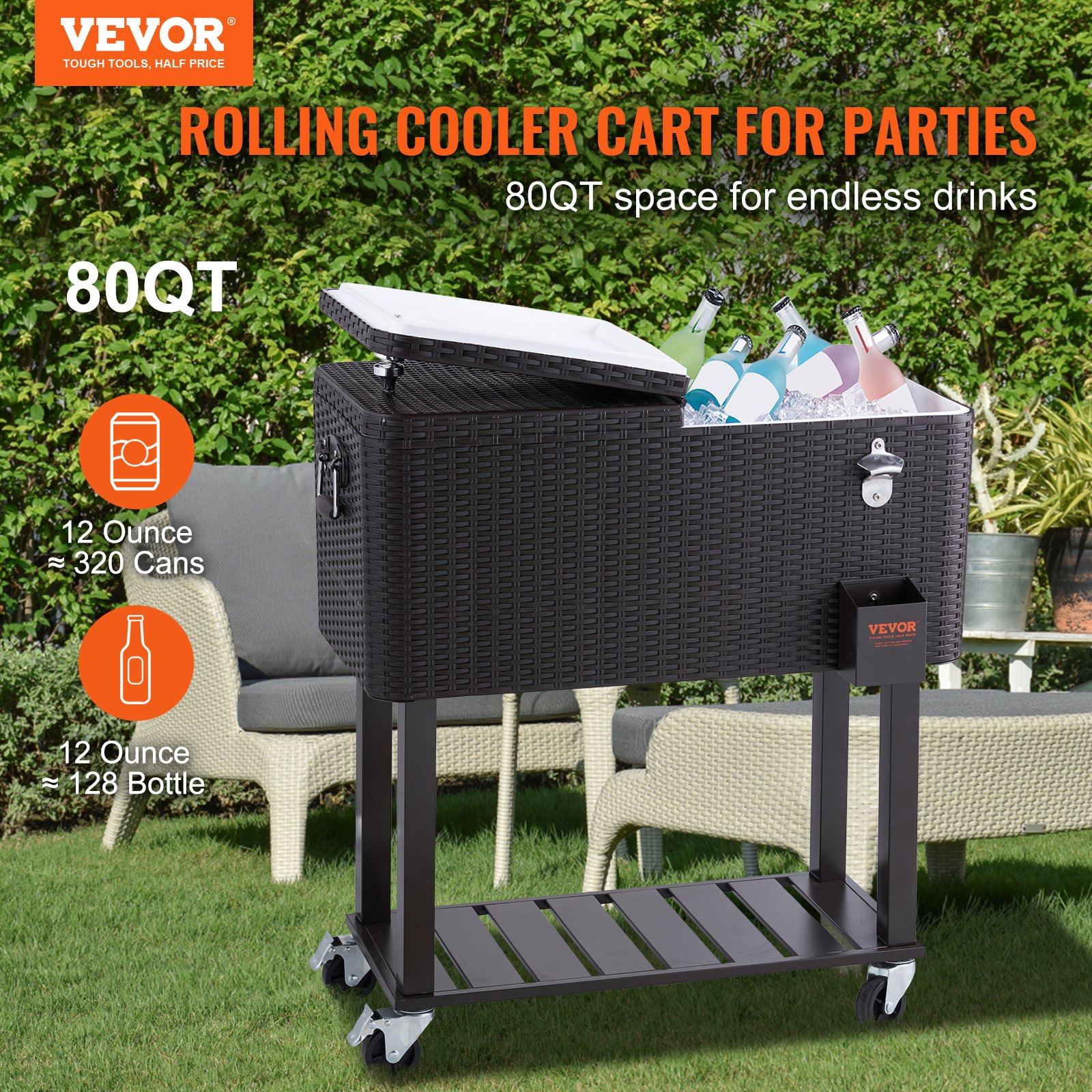 VEVOR Rolling Ice Chest Cooler Cart 80 Quart, Portable Bar Drink Cooler ...