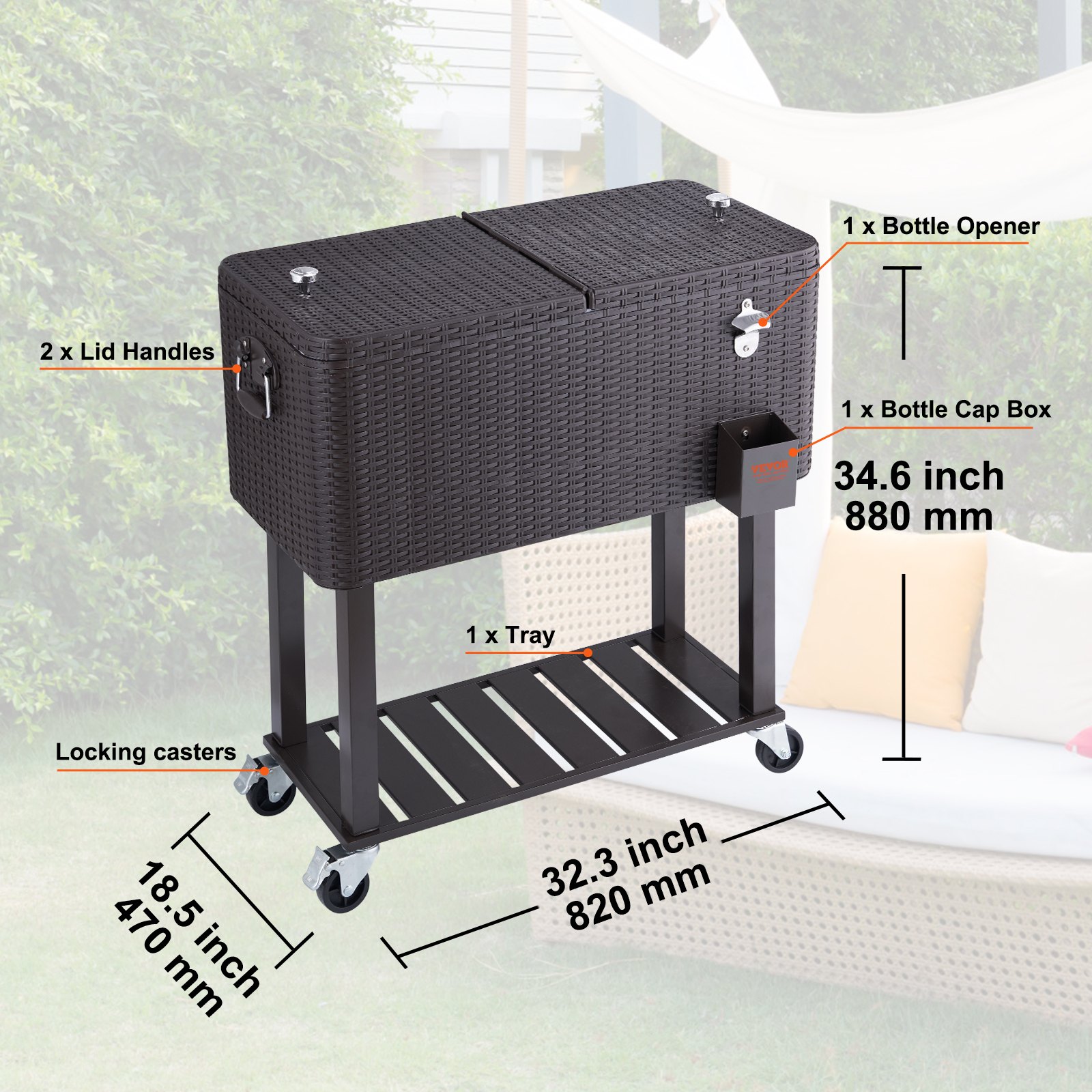 VEVOR Rolling Ice Chest Cooler Cart 80 Quart, Portable Bar Drink Cooler ...