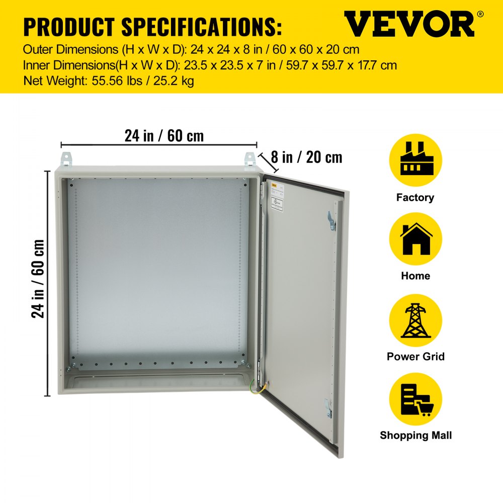 VEVOR Electrical Enclosure, 24'' x 24'' x 8'', UL Certified NEMA 4 Outdoor Enclosure, IP65 ...