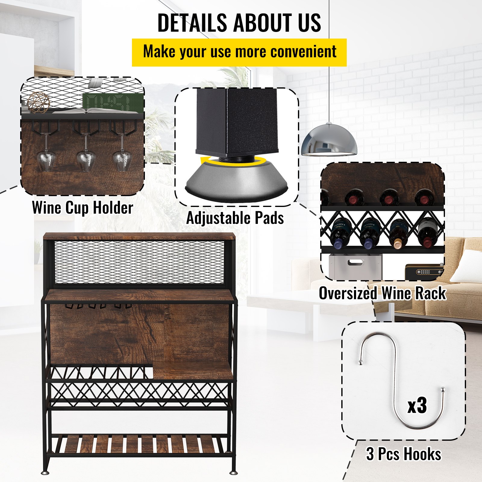 VEVOR Wine Rack Home Bar Table, Industrial Liquor Storage Cabinets with ...