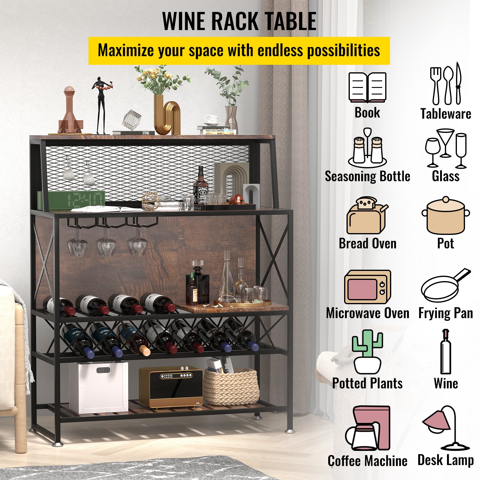 VEVOR Wine Rack Home Bar Table, Industrial Liquor Storage Cabinets with ...