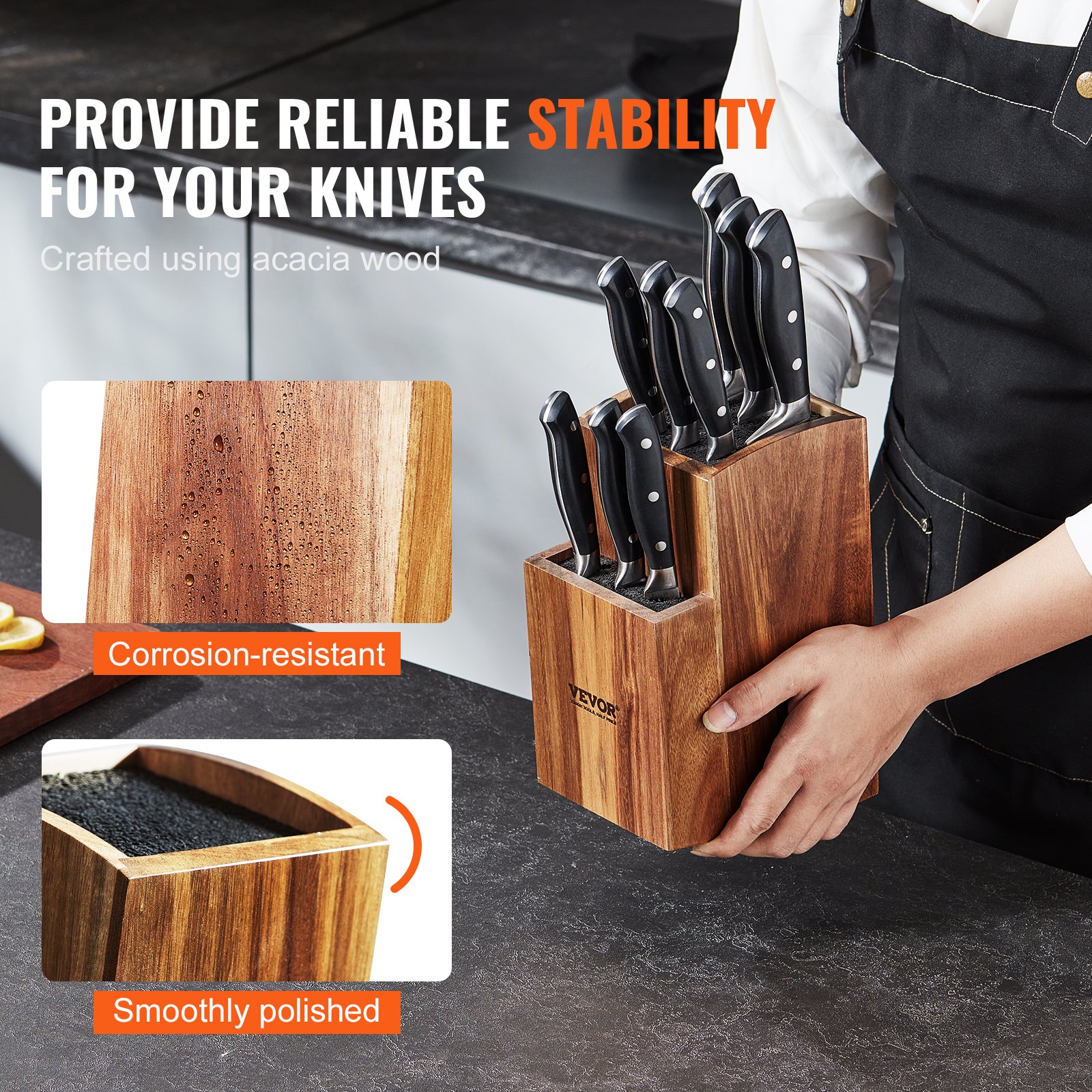 VEVOR Universal Knife Holder, Acacia Wood Knife Block Without Knives ...