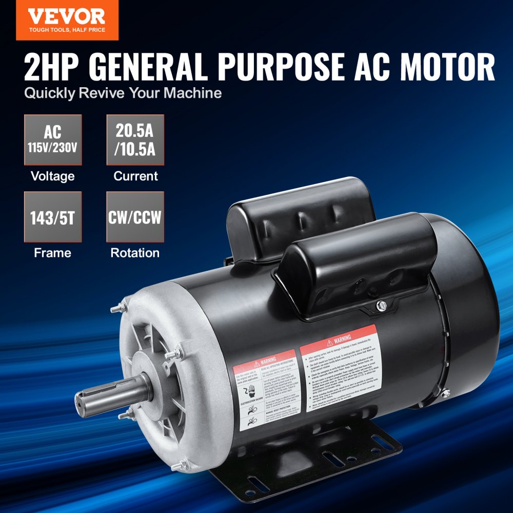 VEVOR 2HP Electric Motor 1725RPM AC115/230V 143/5T Frame 1-Phase 7/8 ...