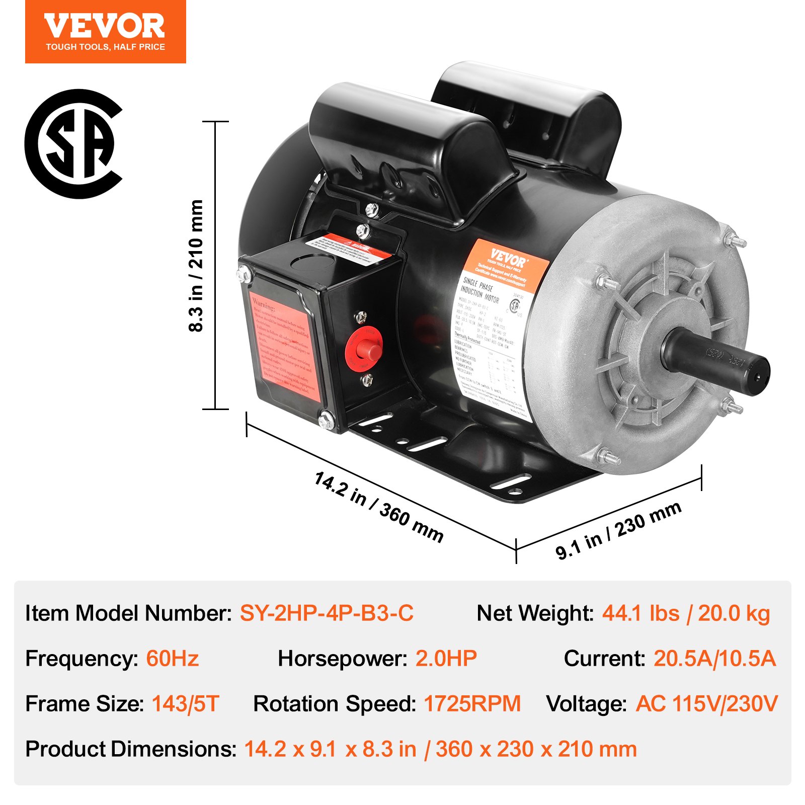 VEVOR 2HP Electric Motor 1725RPM AC115/230V 143/5T Frame 1-Phase 7/8 ...