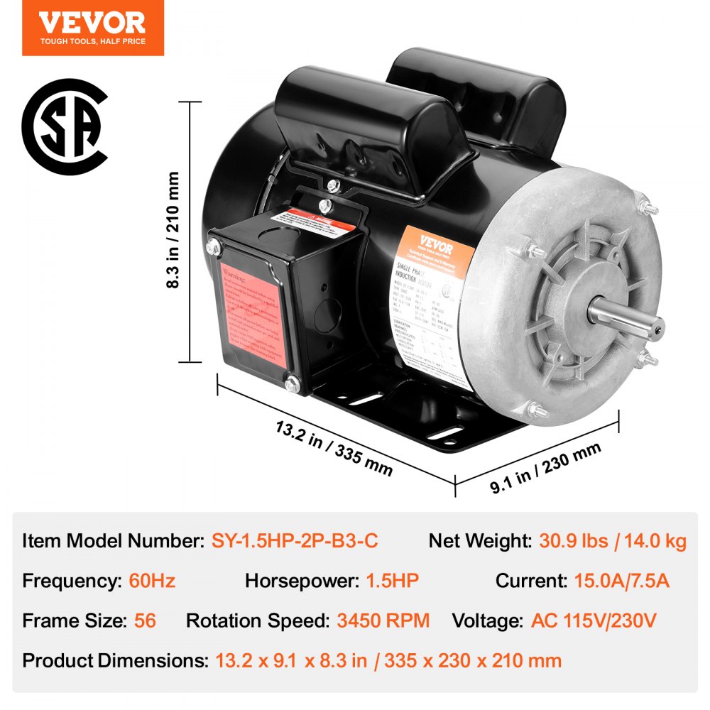 VEVOR 1.5HP Electric Motor 3450RPM AC115V/230V 56 Frame 1-Phase 5/8 ...