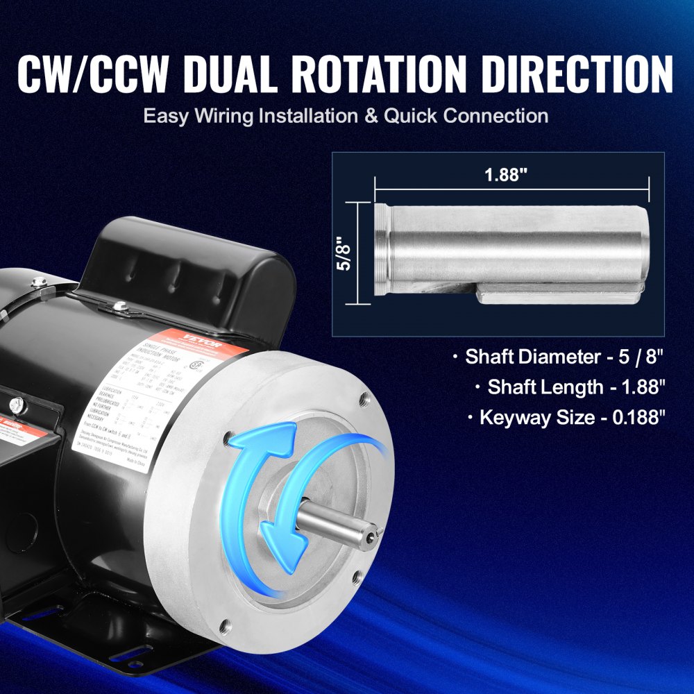VEVOR 1HP Electric Motor 3450 rpm, AC 115V/230V, 56C Frame, Air ...