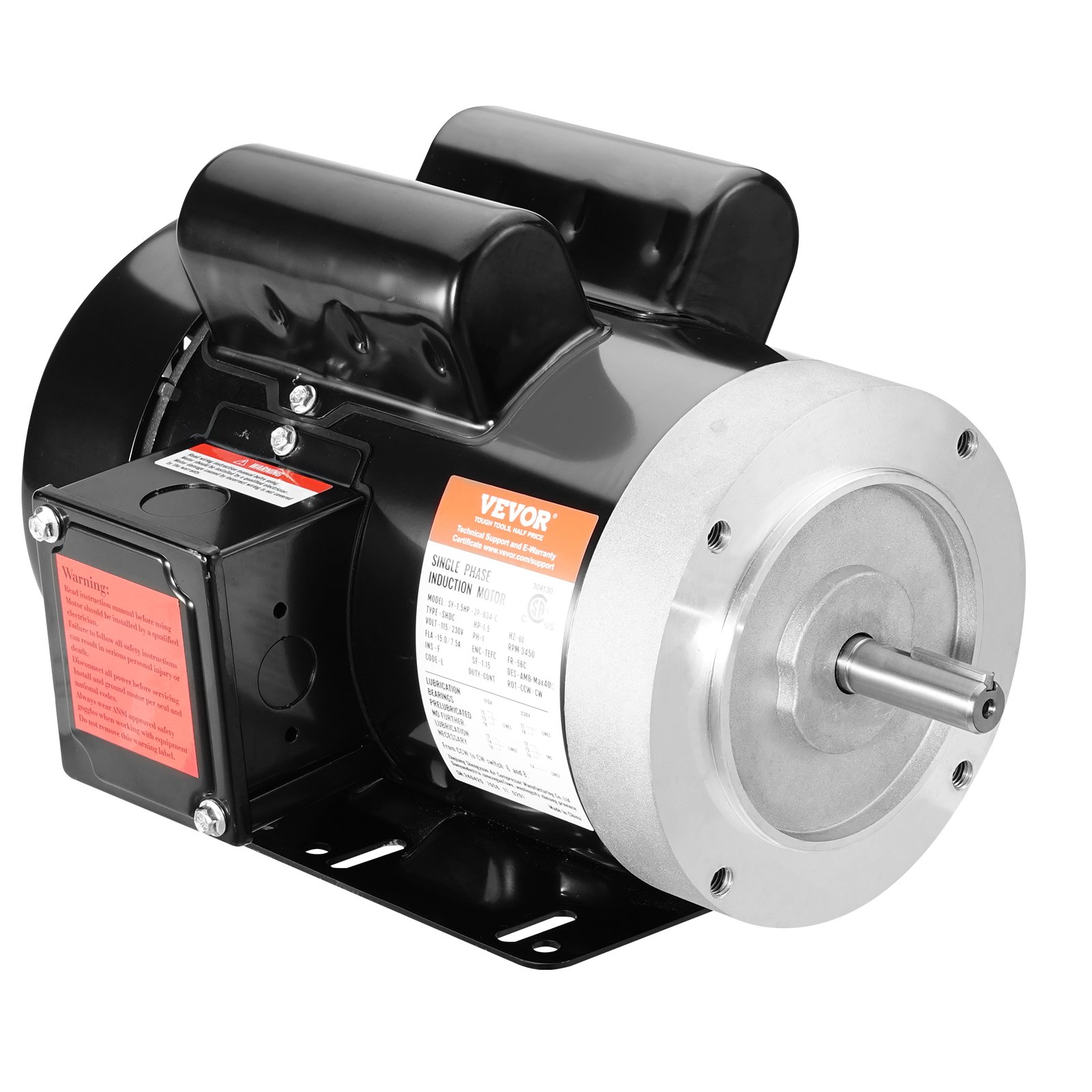 VEVOR 1.5HP Electric Motor 3450RPM AC11V/230V 56C Frame 1-Phase 5/8 ...