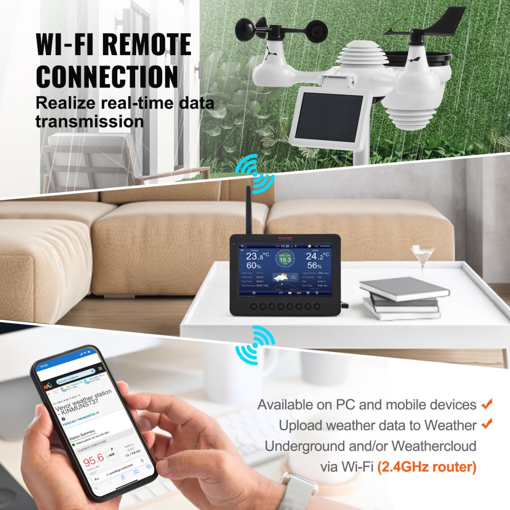 VEVOR 7-in-1 Wi-Fi Weather Station 7 in TFT Display Wireless Outdoor ...