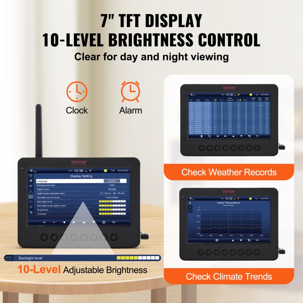 VEVOR 7-in-1 Wi-Fi Weather Station 7 in TFT Display Wireless Outdoor Sensor | VEVOR US