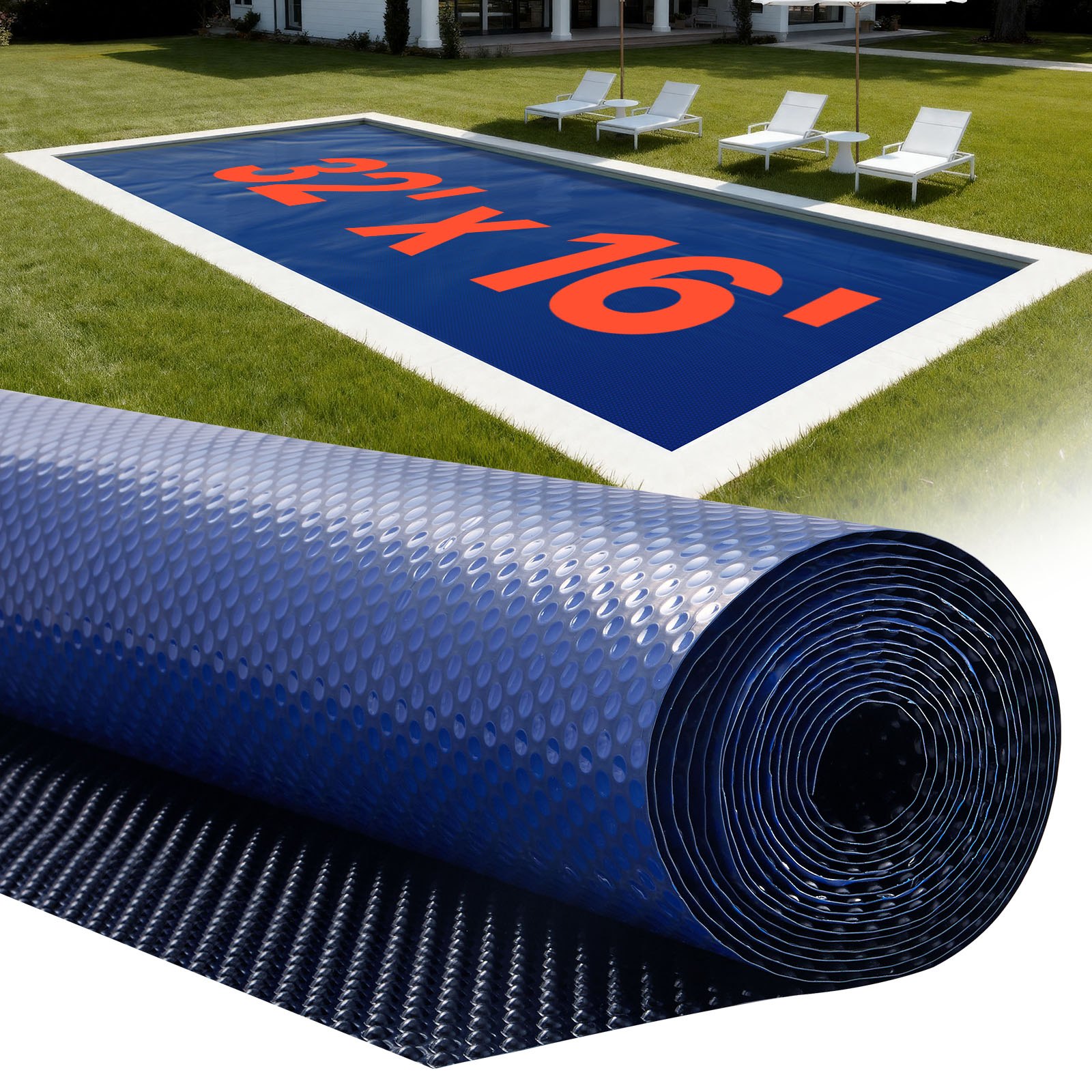 VEVOR Solar Pool Cover, 32 x 16 ft Pool Bubble Cover, 16 Mil Pools ...