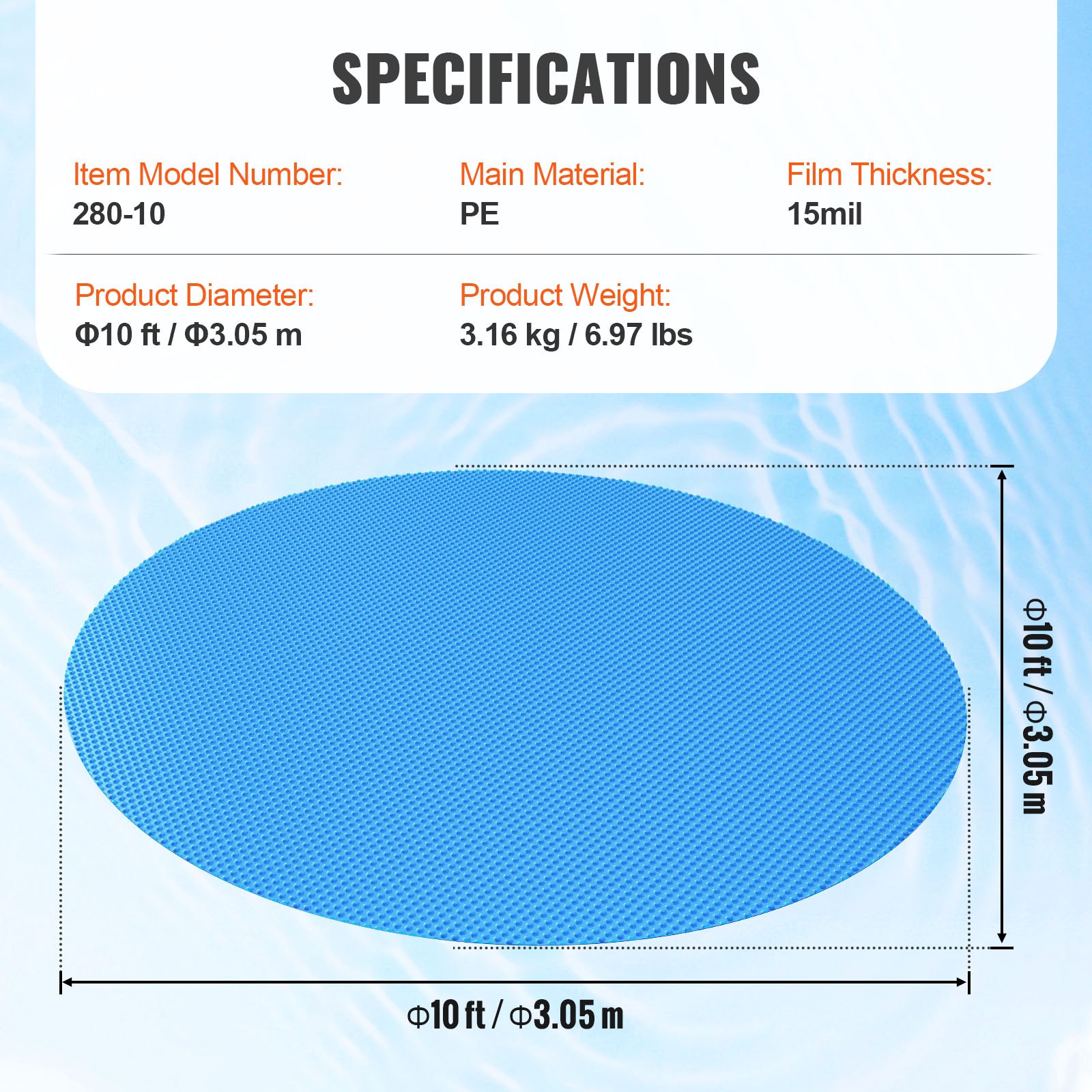 VEVOR Solar Pool Cover, Φ10 ft Round Solar Blanket for Pools, Inground ...