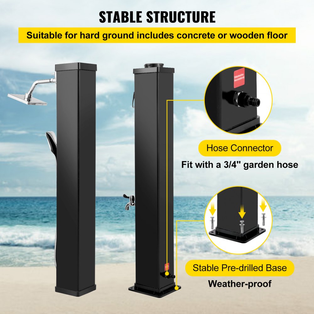 VEVOR Solar Heated Shower, 10.6Gal Outdoor Solar Shower Black, 7FT Pool ...