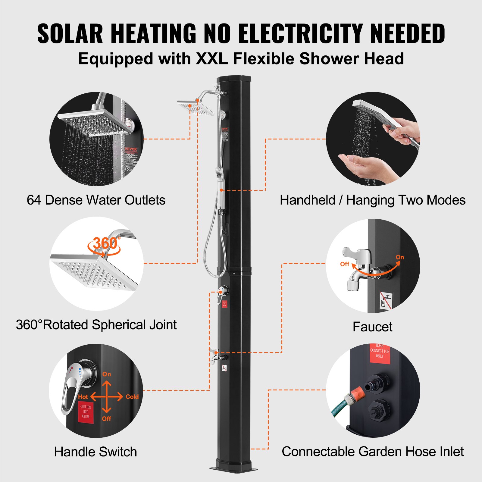 VEVOR Outdoor Solar Heated Shower, 10.57 Gallon Poolside Shower Kit ...