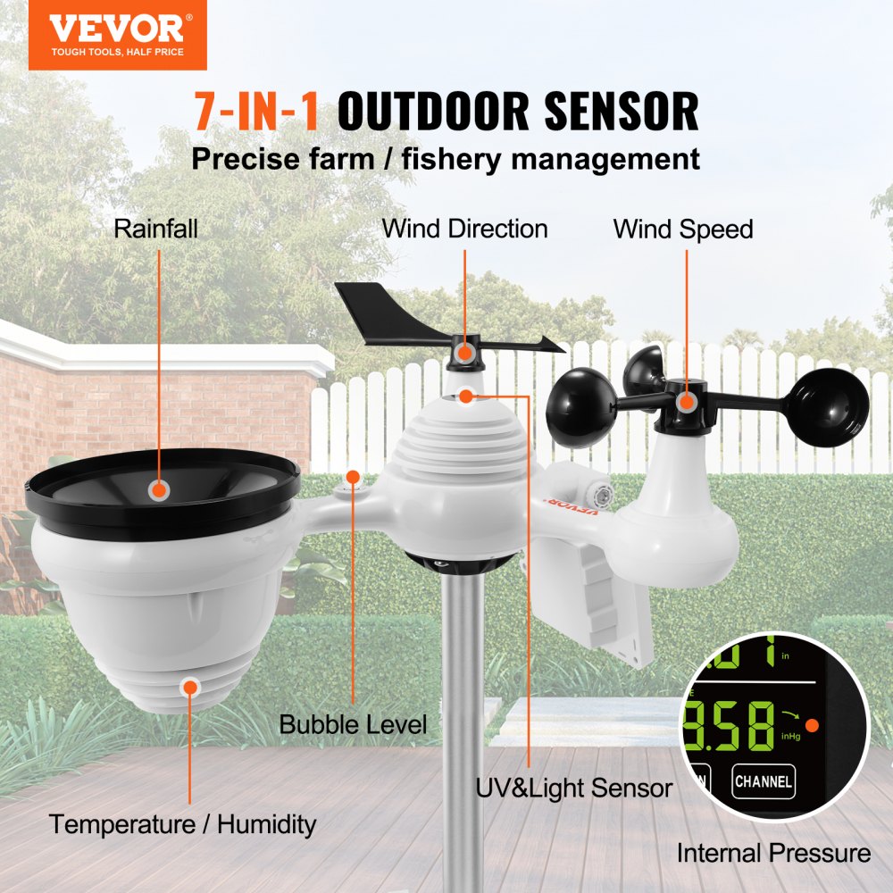 VEVOR 7-in-1 Wi-Fi Weather Station, 7.5 in Color Display, Home Weather ...