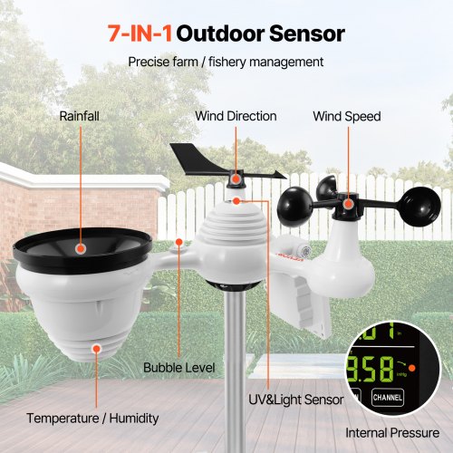 VEVOR 7-in-1 Solar-Powered Wi-Fi Weather Station 7.5 in with Outdoor ...