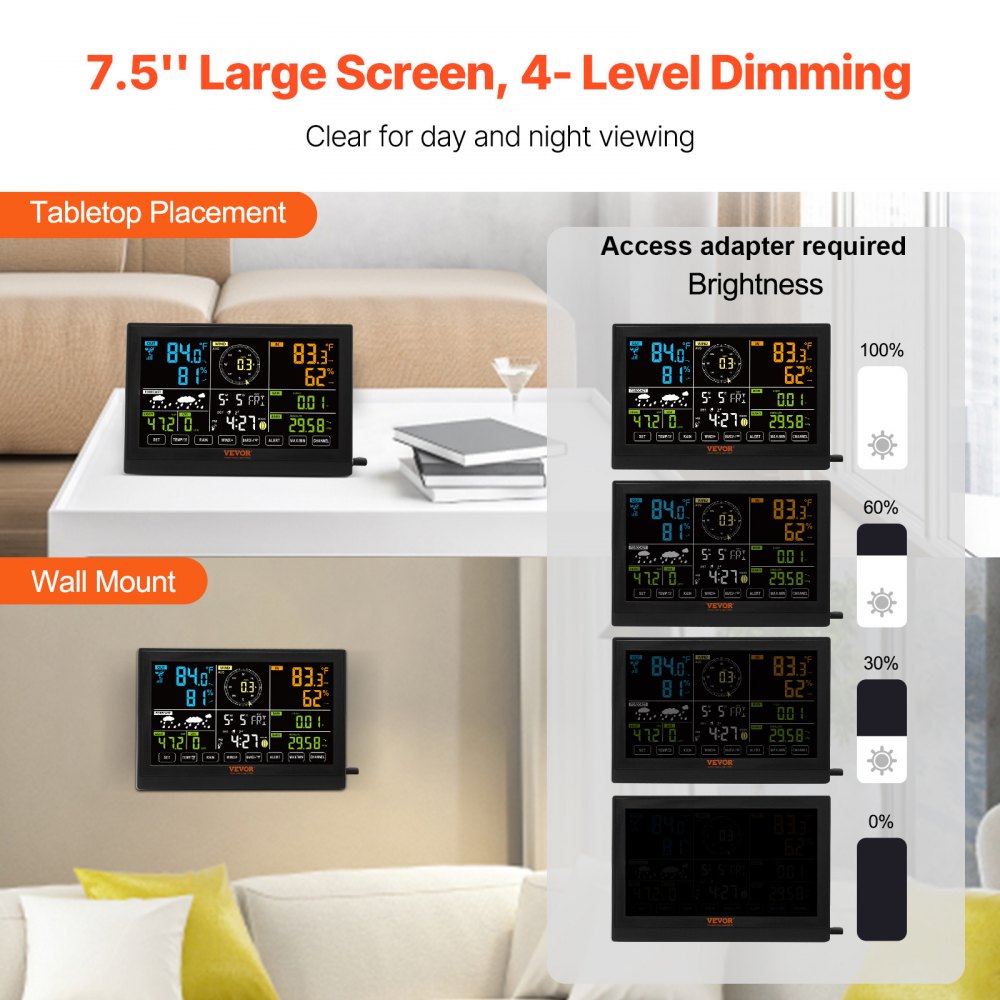 VEVOR 7-in-1 Wireless Weather Station, 7.5 in Large Color Display, Digital Home Weather Station ...