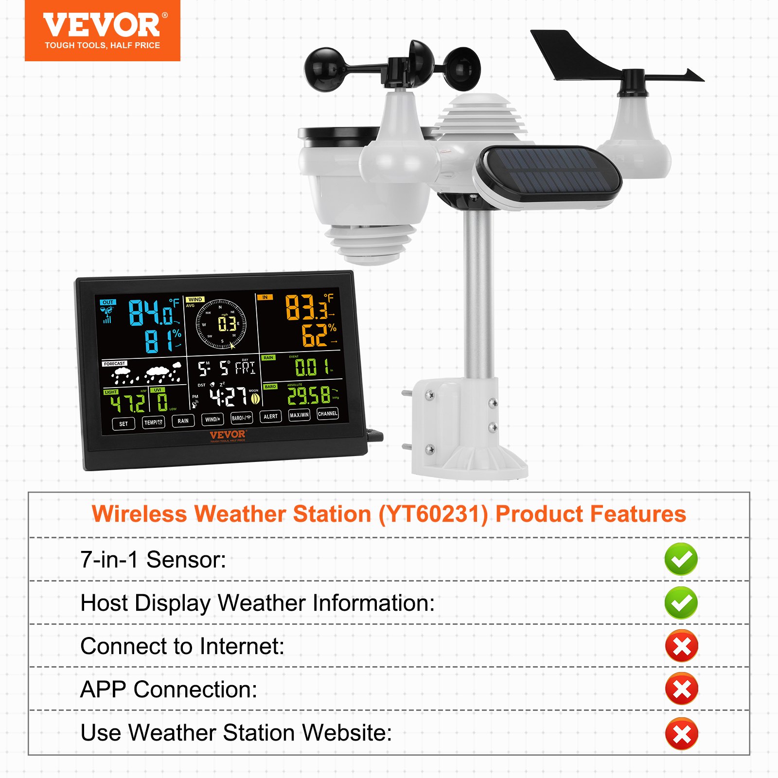 VEVOR 7-in-1 Wireless Weather Station, 7.5 in Large Color Display ...