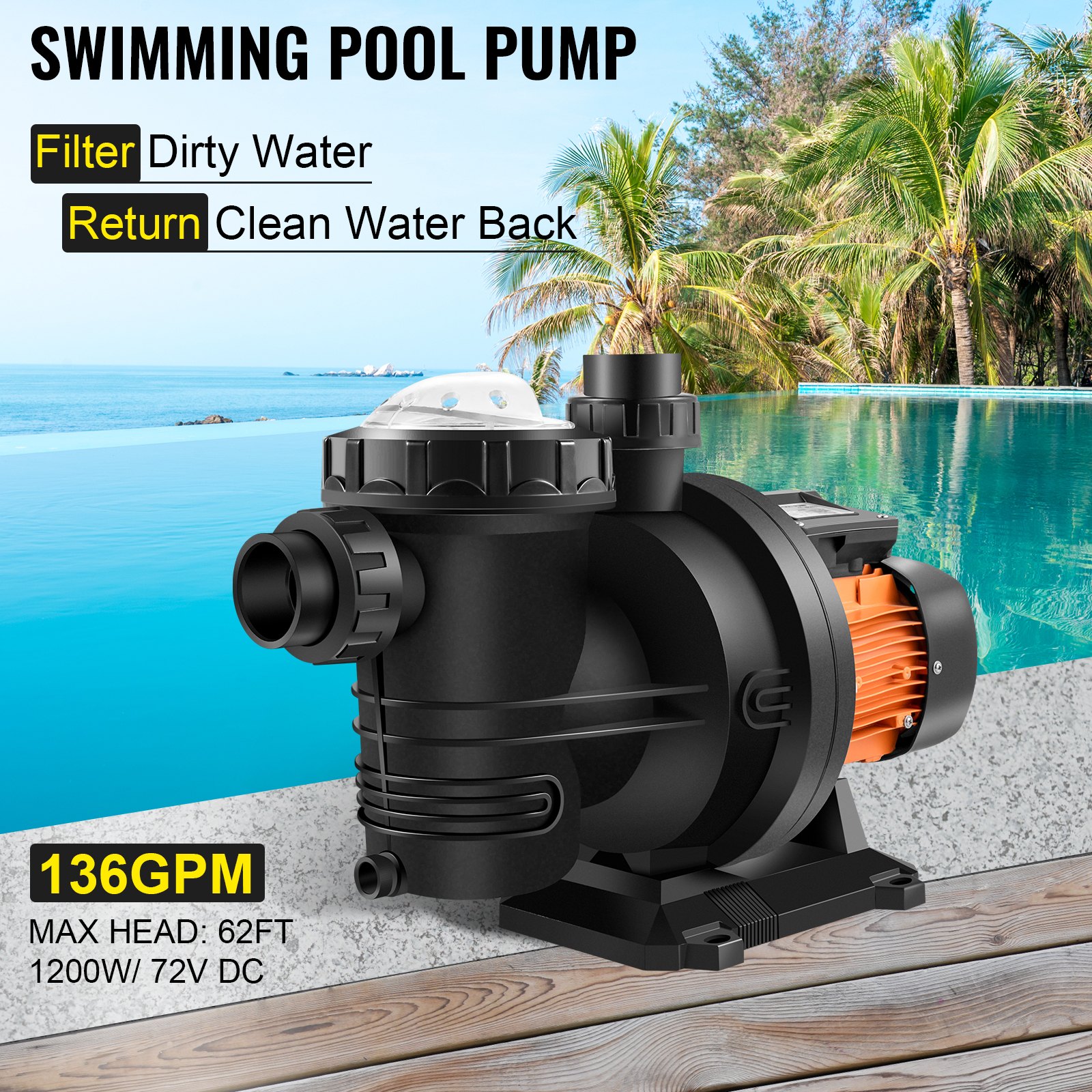 VEVOR Pool Pump Swimming Pool Pump 72V DC/1200W Solar Water Pump 62 FT ...