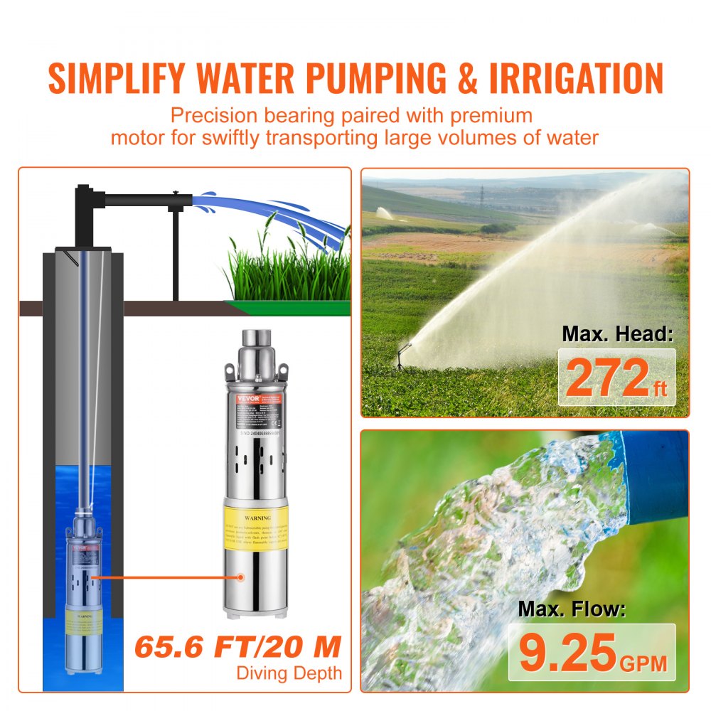 VEVOR Solar Water Pump, 24V DC 277W Submersible Deep Well Pump, Max Flow 9.25 GPM, Max Head 272 ...
