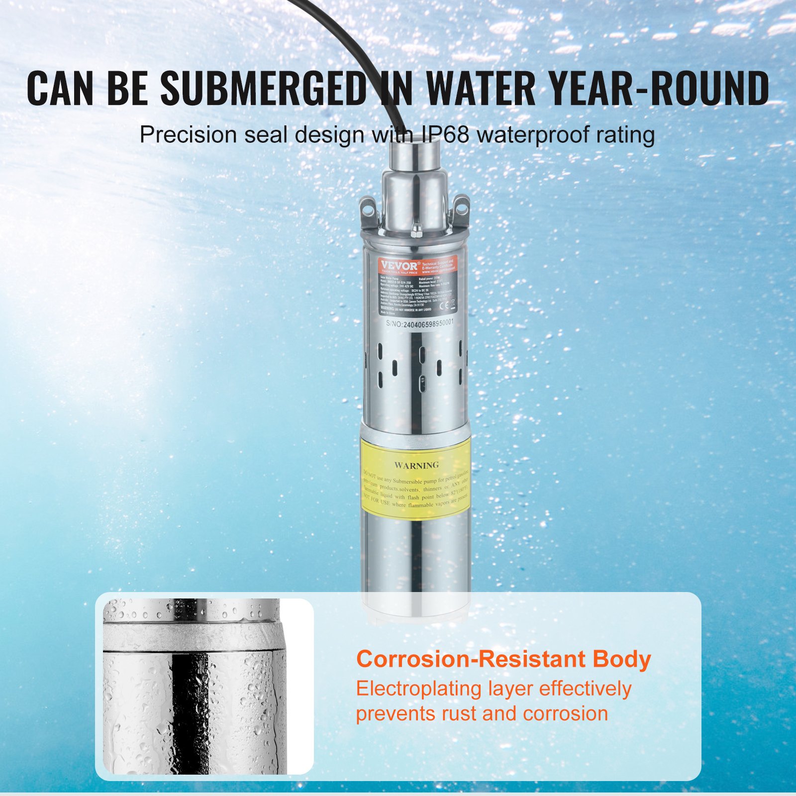 VEVOR Solar Water Pump, 24V DC 277W Submersible Deep Well Pump, Max Flow 9.25 GPM, Max Head 272 ...