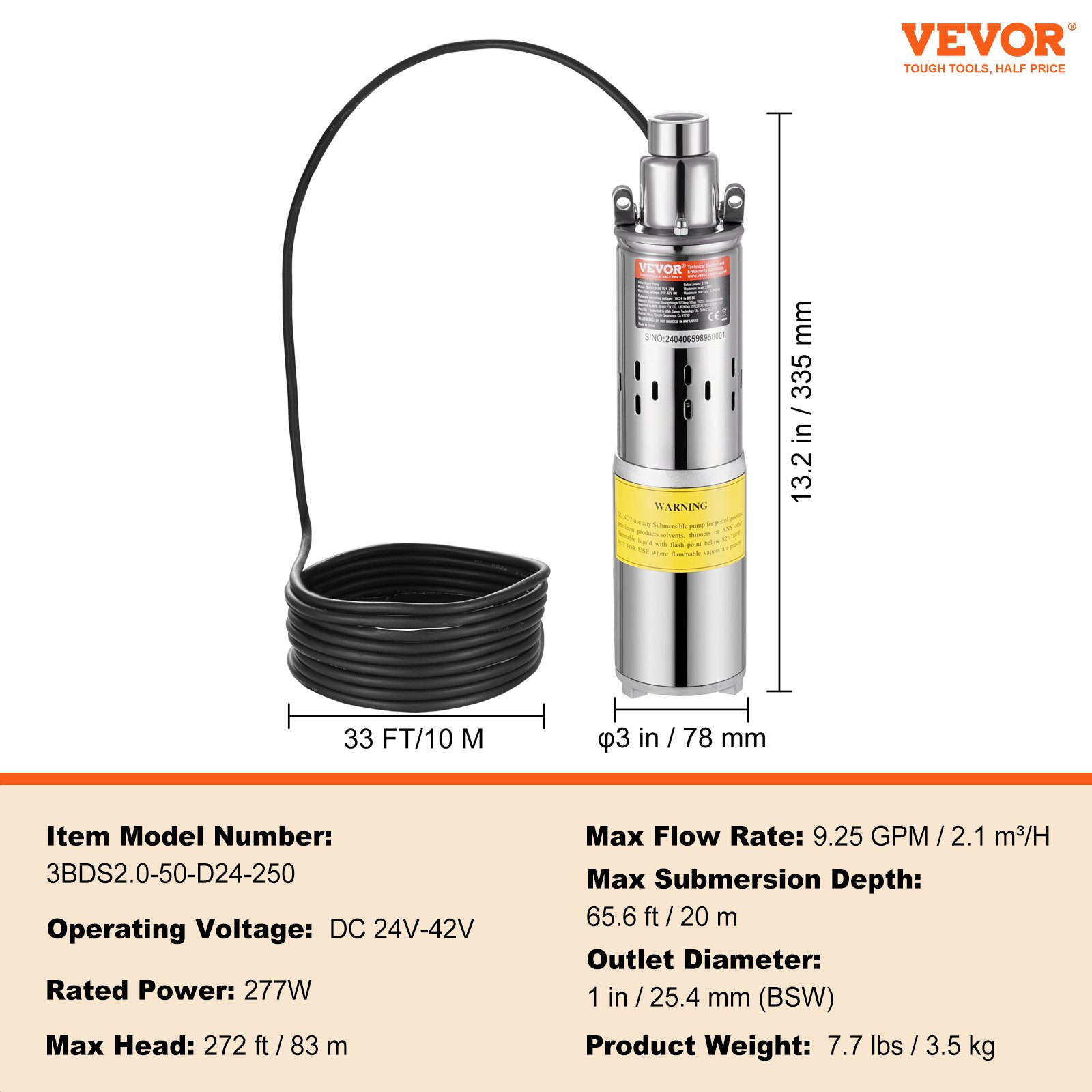 VEVOR Solar Water Pump, DC 277W Submersible Deep Well Pump, Max Flow 2. ...