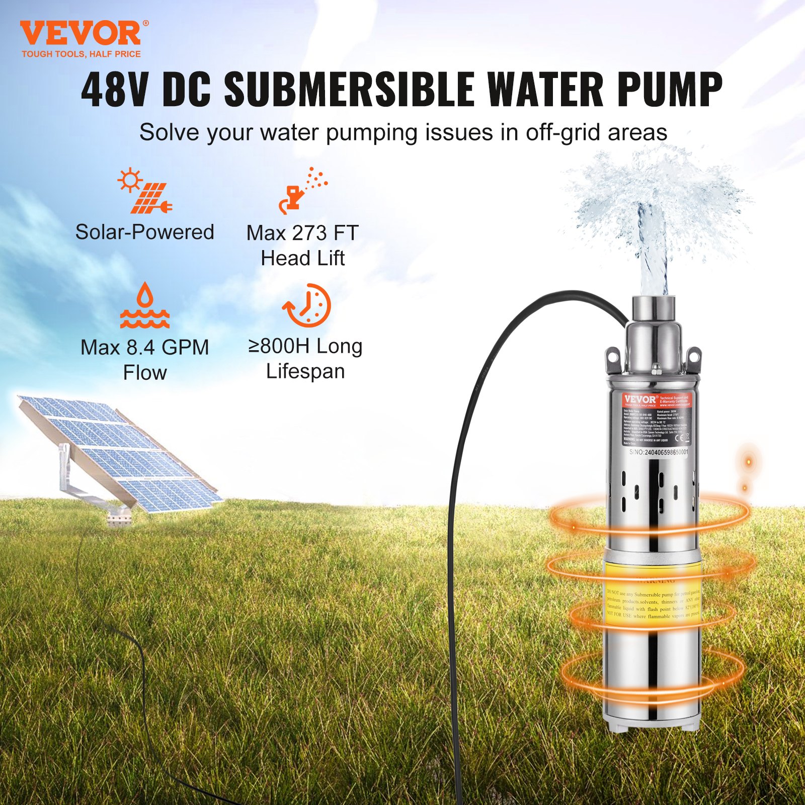 VEVOR Solar Water Pump, 48V DC 369W Submersible Deep Well Pump, Max ...