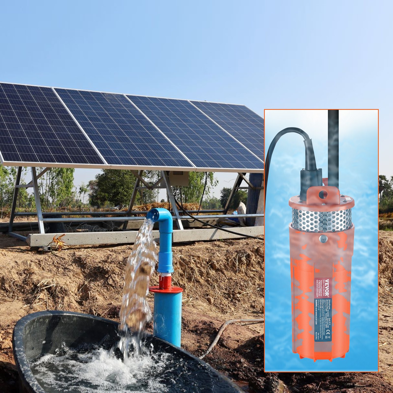 VEVOR Solar Water Pump, 12V DC 96W Submersible Deep Well Pump, Max Flow ...
