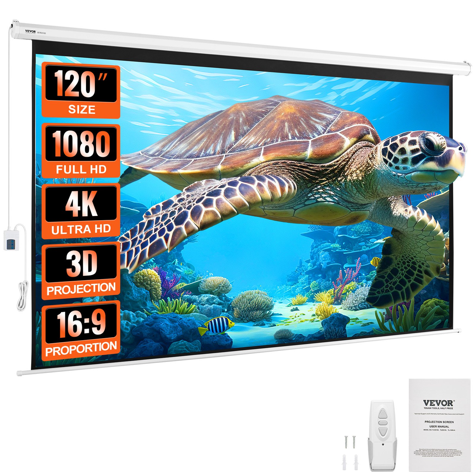 VEVOR Motorized Projector Screen, 120 inch 16:9 4K 1080 HD Electric ...