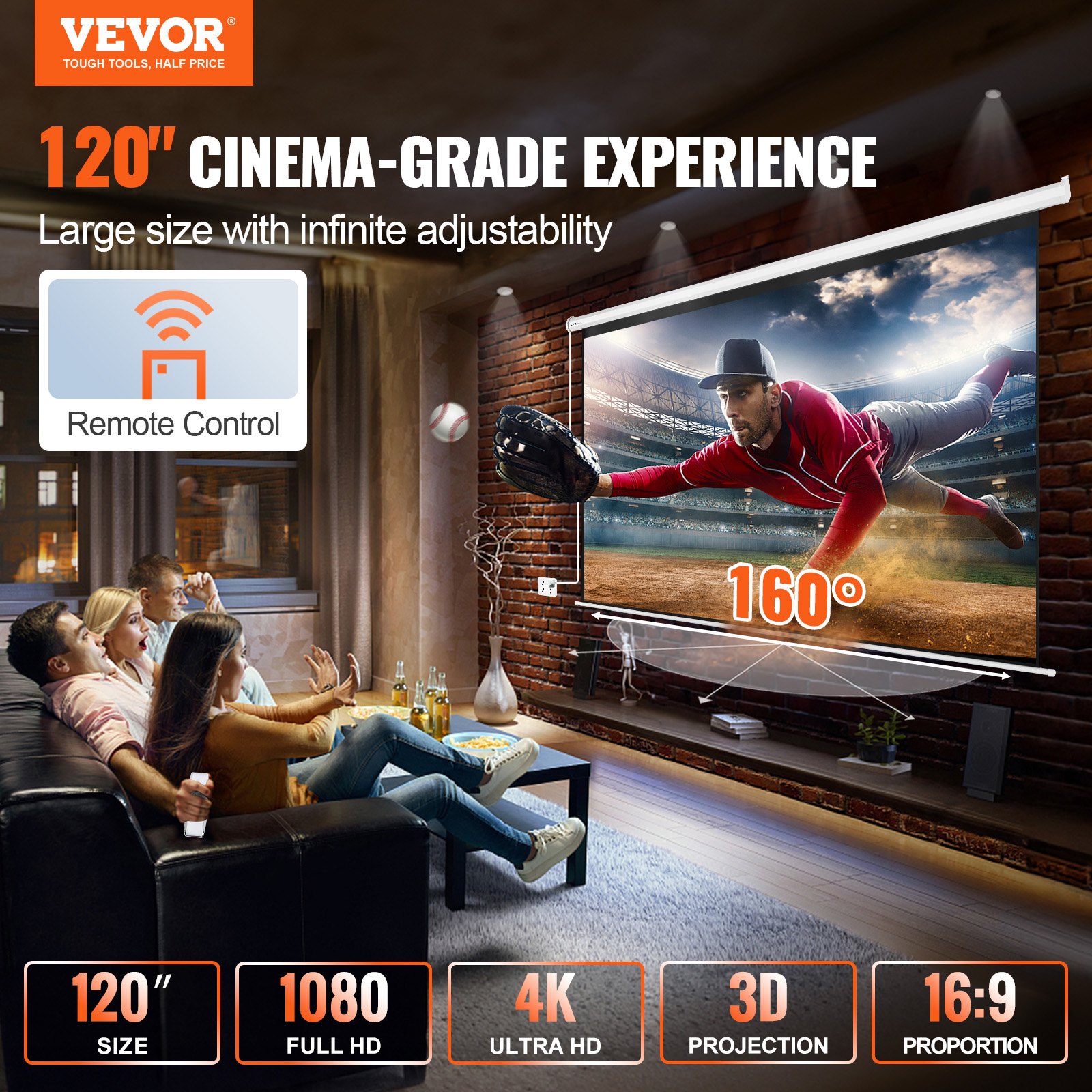 VEVOR Motorized Projector Screen, 120 inch 16:9 4K 1080 HD Electric ...