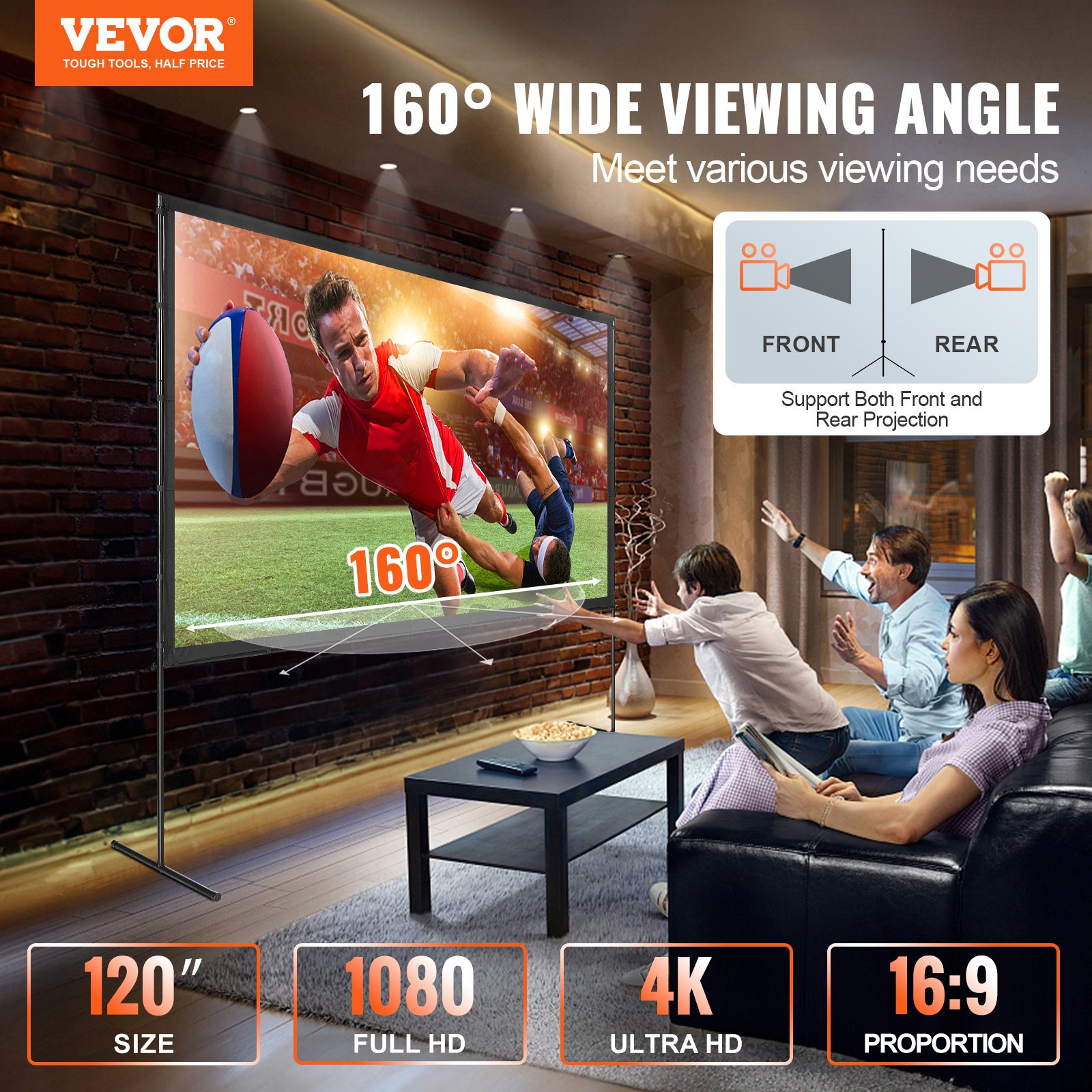 VEVOR Projector Screen with Stand, 120 inch 16:9 4K 1080 HD Outdoor ...