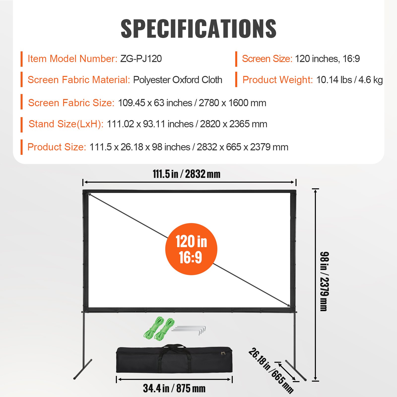 VEVOR Projector Screen with Stand, 120 inch 16:9 4K 1080 HD Outdoor ...